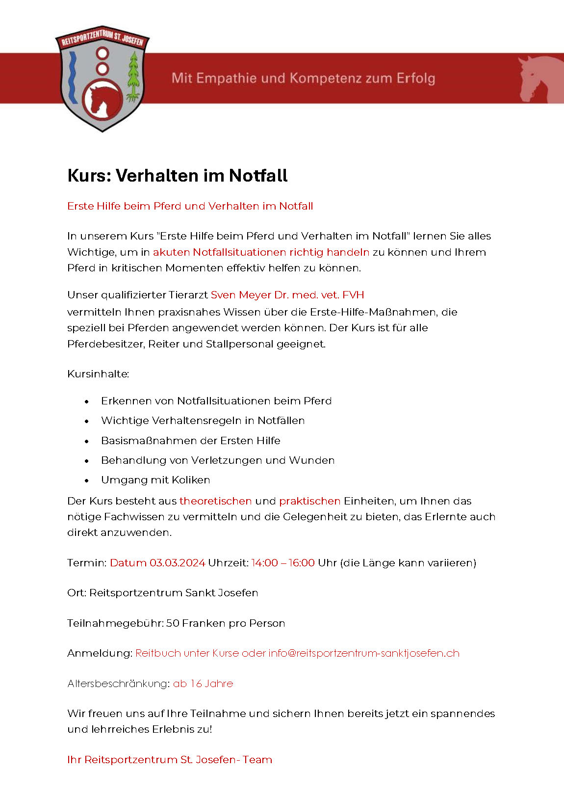 Kurse / Lager | Reitsportzentrum Sankt Josefen